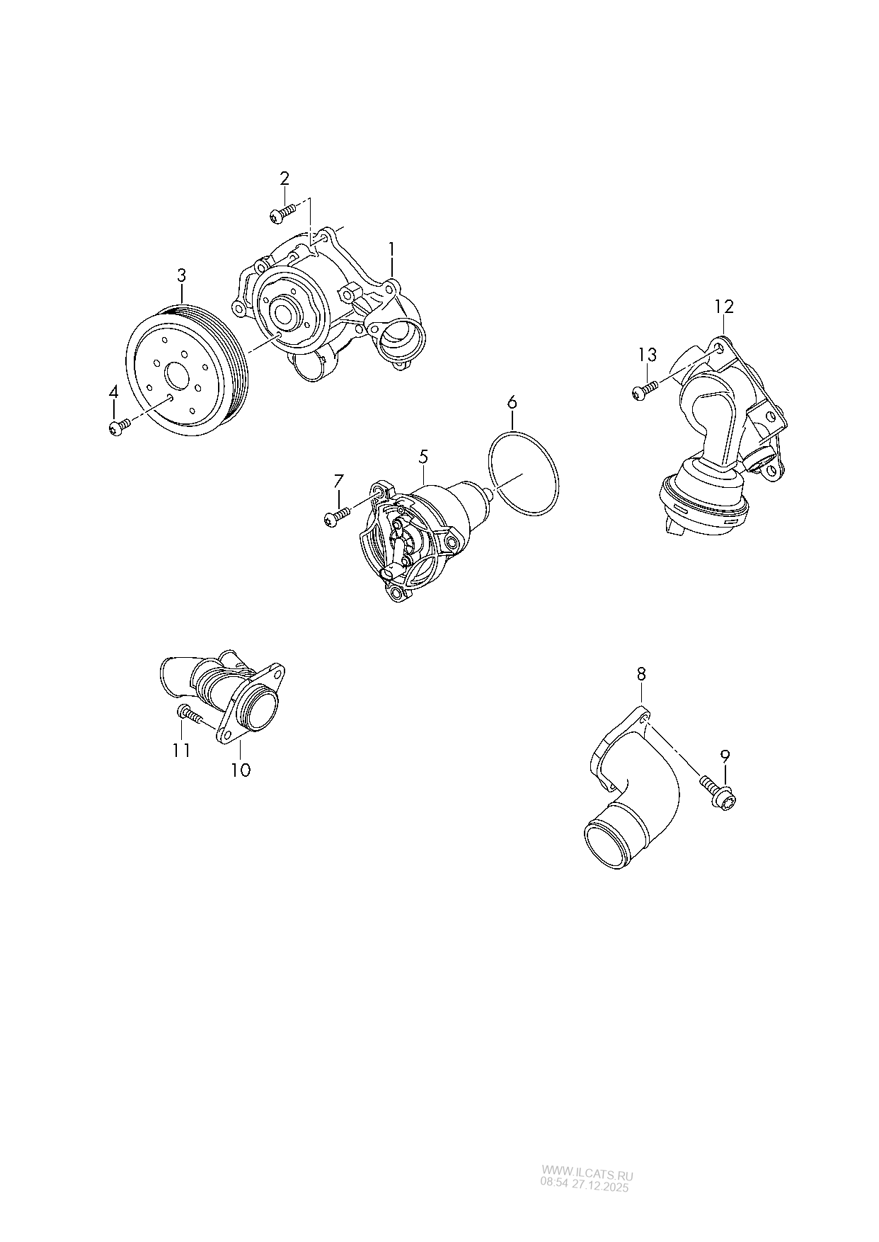 Насос системы охлаждения. Термостат. Штуцер, соединительный. Клапан AUDI