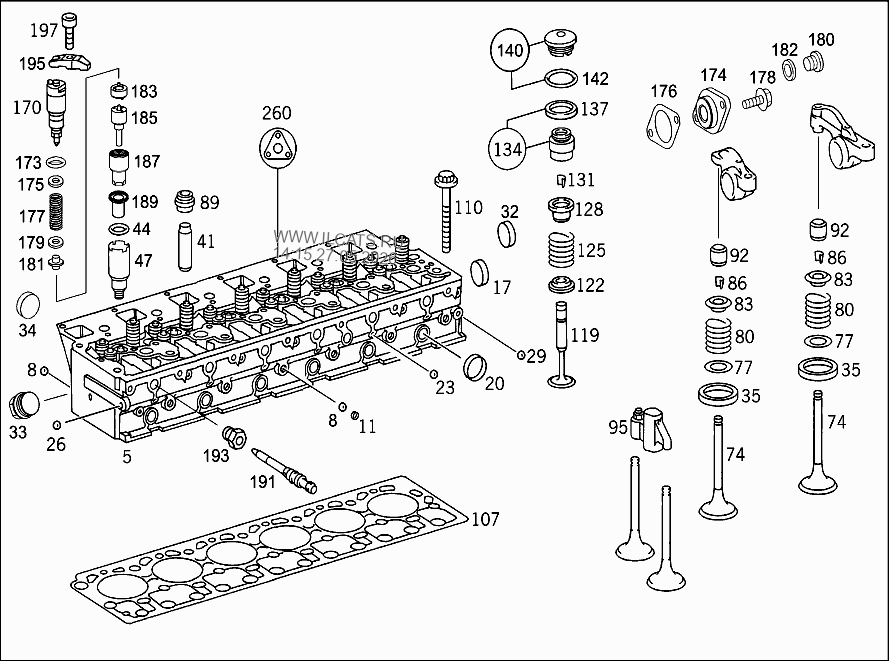 CYLINDER HEAD,VALVES,GASKET KIT MERCEDES O 500 U / 1725 / 59&(382189)